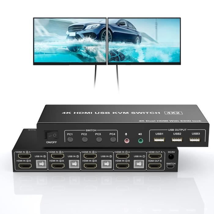 Hdmi Dual Monitor Kvm Switch 4 Port Pour 4 Pc, Prend En Charge Edid ...
