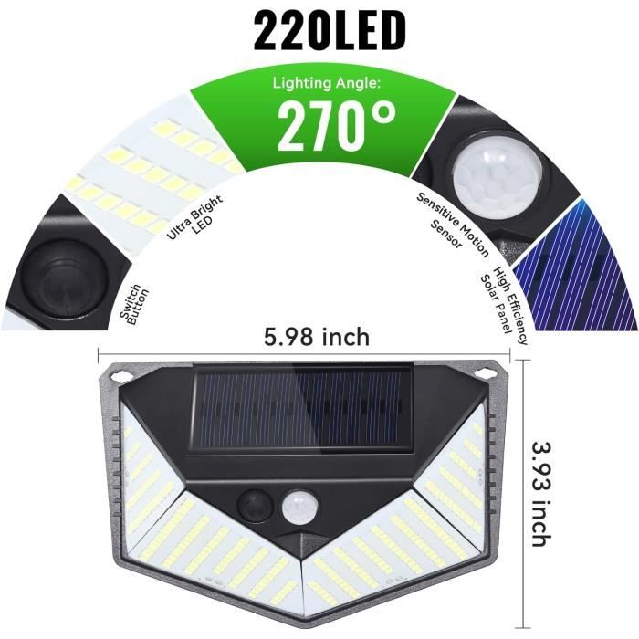 Lot De 2 Appliques Murales Solaires D'Extérieur 220 Led Avec Détecteur De Mouvement Pir,3 Modes ...