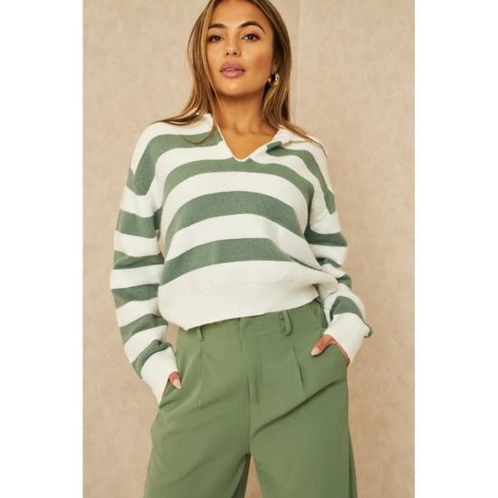 Pull blanc et vert à rayures col V à rabat Vert - Cdiscount Prêt-à-Porter
