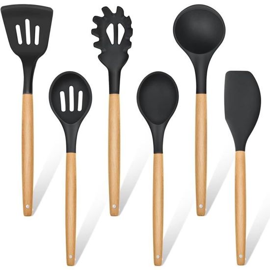 Lot de 6 ustensiles de cuisine en silicone antiadhésif avec poignée en bois - Résistants à la ...