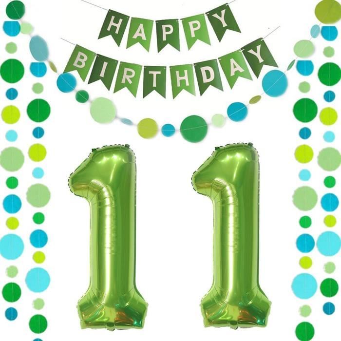 Ballons En Forme De Chiffre 11 Vert + Guirlande Happy Birthday ...