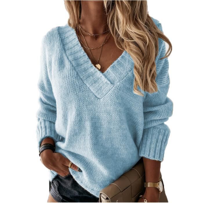 Femme Pull en Tricot Col en V Pullover Manches Longues Pull Tricoté ...