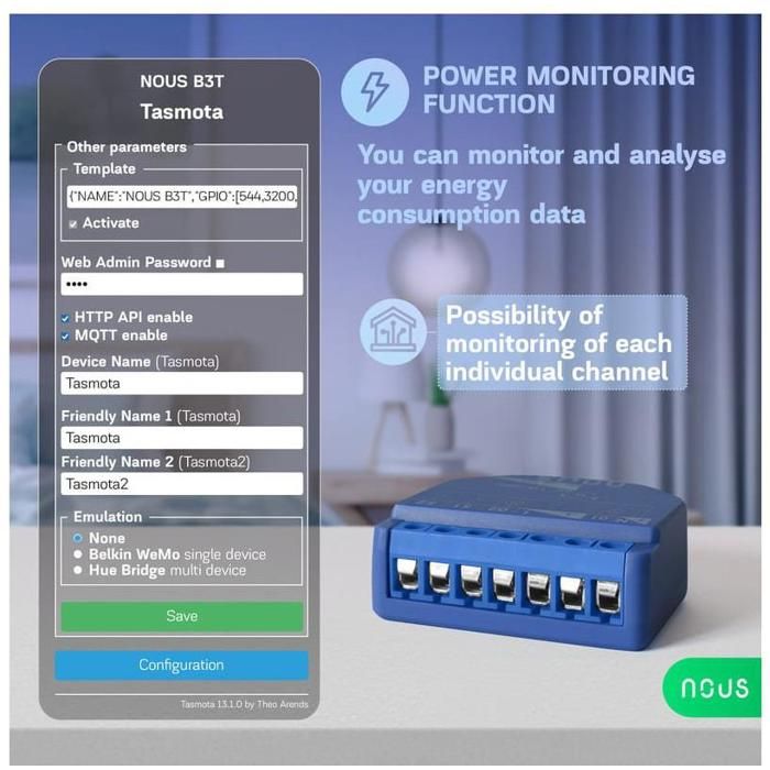 Nous B3T WiFi Tasmota module de commutation (2 canaux, mesure de ...