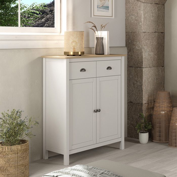 Meuble d'entrée 2 portes 1 tiroir en pin massif blanc / effet chêne 90 ...