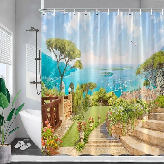 Rideau de douche paysage italien avec crochets,ville européenne vintage ...
