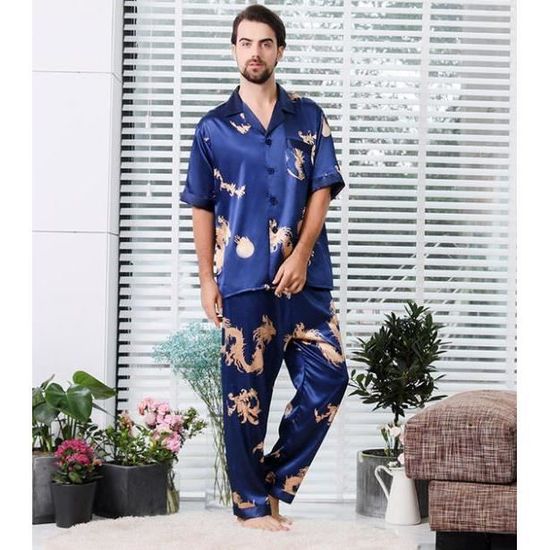 Pyjama en soie femme,Couple Soie Satin Pyjama Pyjama Ensemble Manche ...