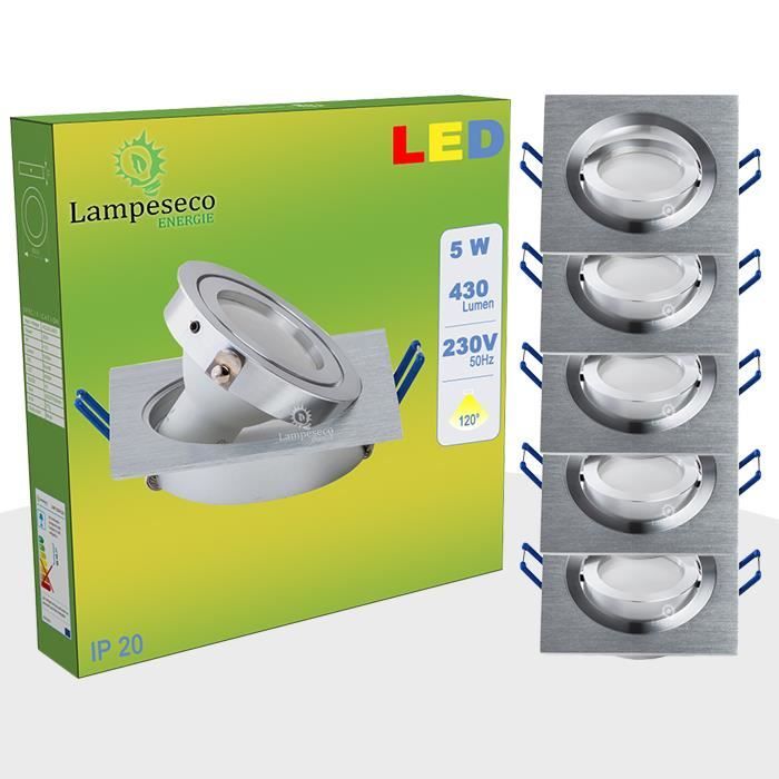 Lot de 5 spots LED encastrables orientables carrés 5W équivalent 50W ...