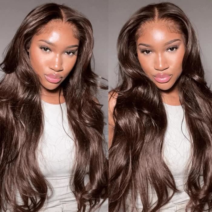 13X4X1 Perruque Brune Lace Front Synthétique Perruque Ondulée Body Wave ...
