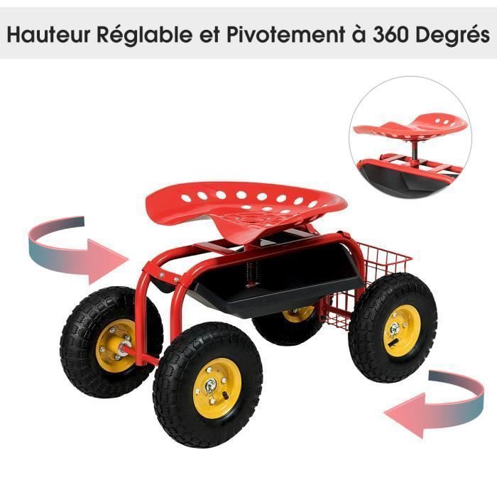 Siège de Jardin COSTWAY Mobile à Roulant-Pivotant 360°-Hauteur Réglable ...