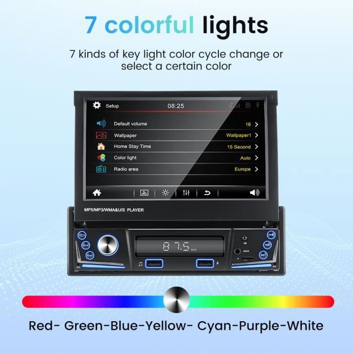 GEARELEC Autoradio 7 Pouces avec 12 LED Caméra Écran Rétractable ...