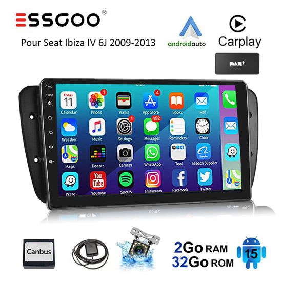 Autoradio Android 15 - ESSGOO - 9" Tactile - DAB - Carplay - Seat Ibiza ...