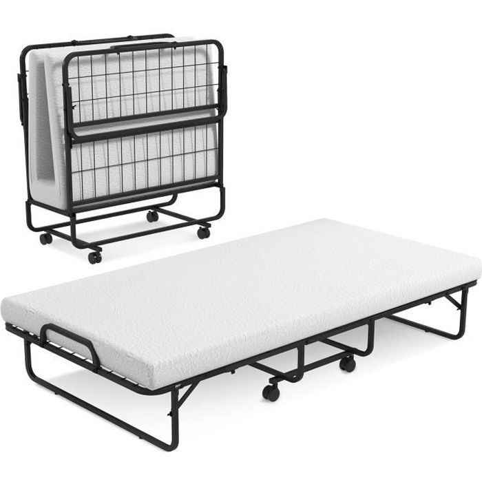 COSTWAY Lit d’Appoint - 4 Roues Universelles - Matelas en Mousse de ...