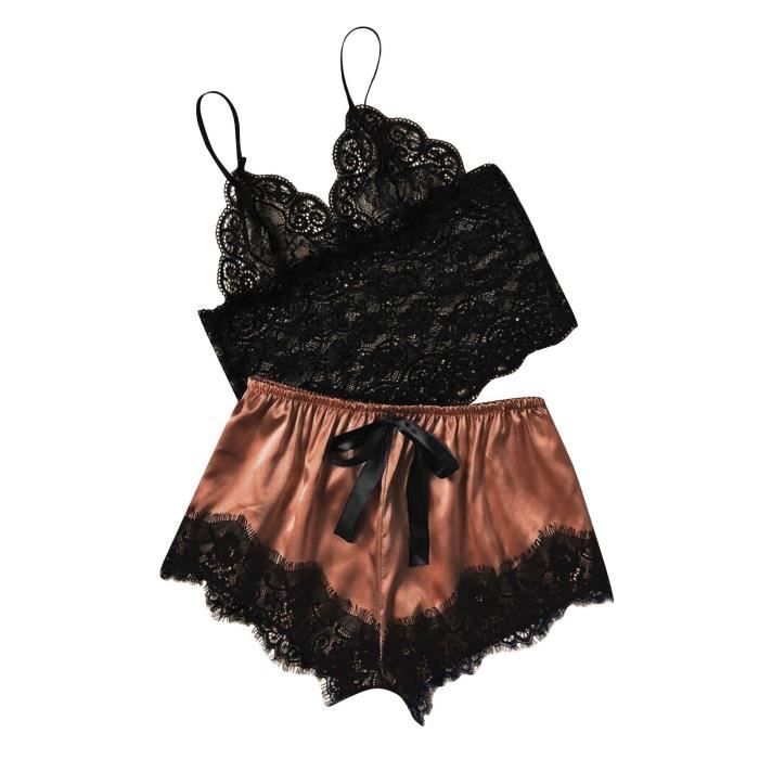 Ensemble Caraco et Shorty Femmes Satin Dentelle V-Neck Camisole Bowknot ...