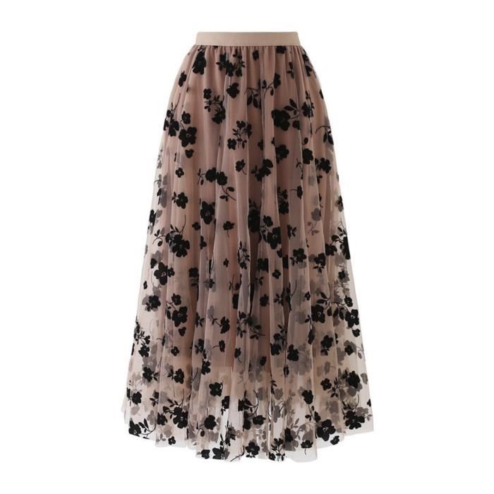 JUPE Mode Jupe longue Jupe Net Stitching Floral Print Streetwear Femmes ...