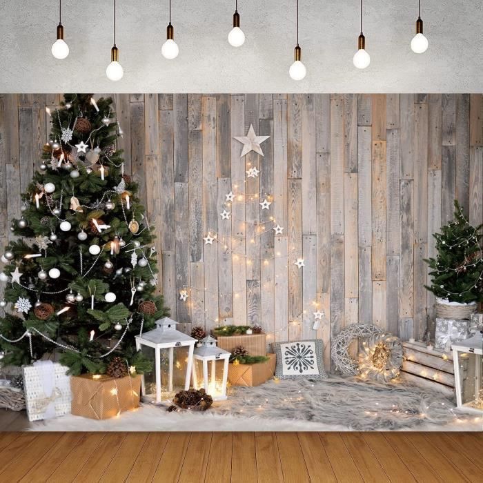 Toile de fond en bois rustique de Noël pour photographie - 2,1 x 1,5 m - Fond de sapin de Noël d ...