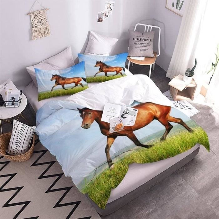 3D Microfibre Parure de Lit Cheval 140x200 cm 1 Personne 3 Pièces Ultra Doux Galop Cheval Housse ...