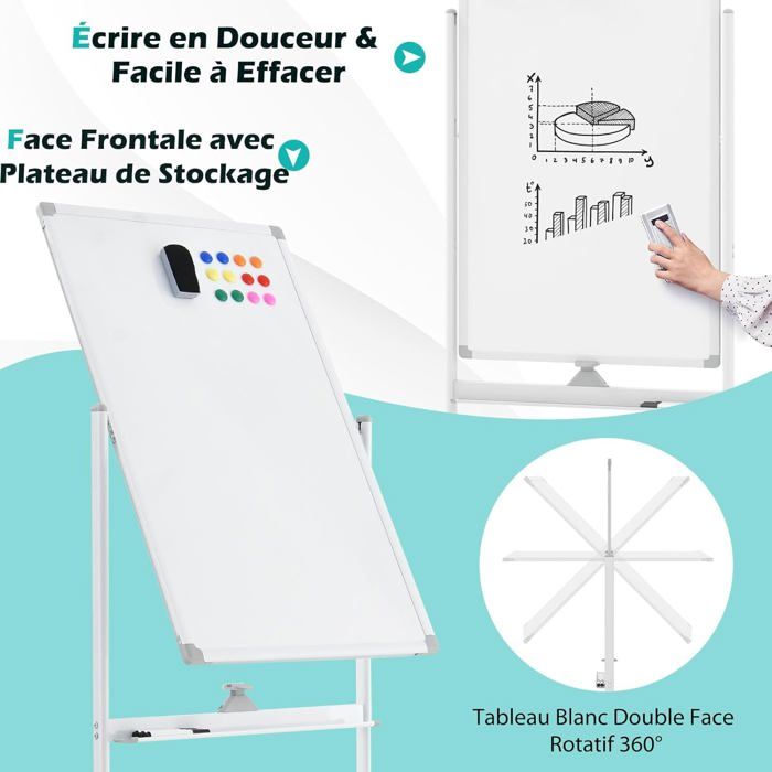 GOPLUS Tableau Blanc Roulant Magnétique 60x100cm avec Hauteur Réglable ...