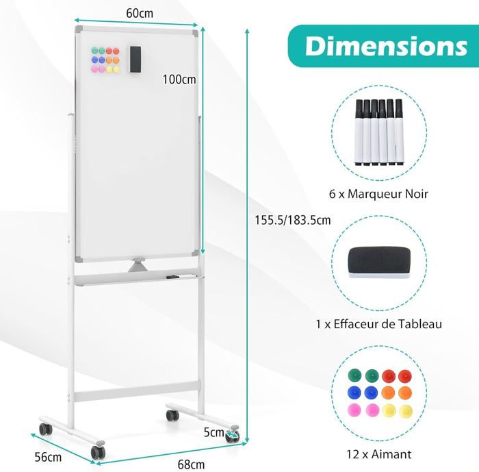GOPLUS Tableau Blanc Roulant Magnétique 60x100cm avec Hauteur Réglable ...