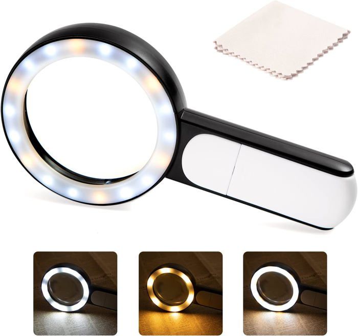 Loupe de Lecture 30X Loupe à Main avec 18 LED Loupe avec Lumière Double Lentille pour Lire ...