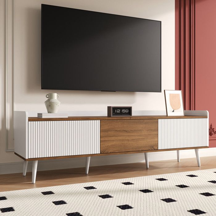 Meuble TV Moderne avec 3 Portes,Meuble Bas Finition Blanche et Bois ...