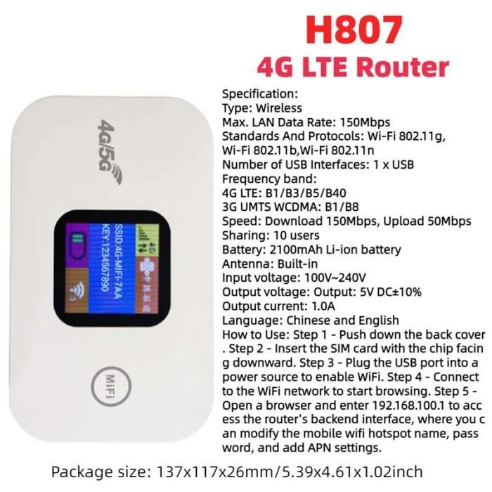 H807-Routeur WiFi de poche 4G, 2100mAh, point d'accès mobile, 150Mbps avec fente pour carte ...