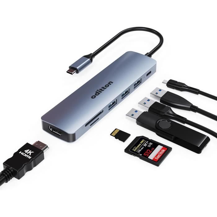 Hub Usb C 7 En 1 Avec 4K-Hdmi, Usb 3.0 * 3, Type C Pd 100W, Lecteur De Carte Sd-Tf ...