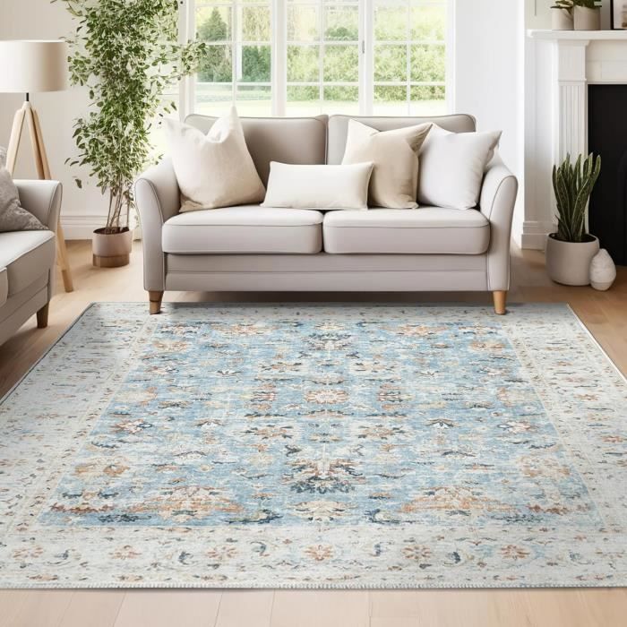 Tapis Bleu Multicolore 150 X 210 Cm - Tapis De Salon - Motif Floral Vieilli - Imprimé Chenille ...