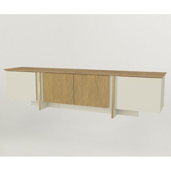 Meuble TV 4 portes battantes Apalina L180cm Bois clair et Blanc crème ...