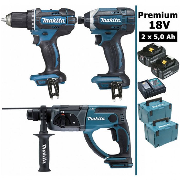Pack Makita Premium 18V 5Ah: Perceuse 62Nm DDF482 + Perforateur 2J DHR202 + Visseuse 165Nm ...