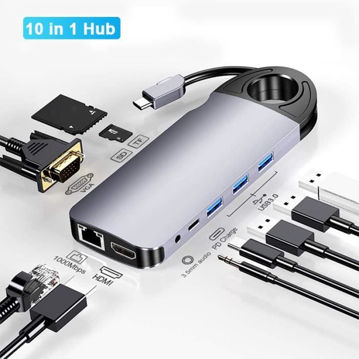 10 en 1 VGA Gigabit - Hub USB type c 10 en 1 avec câble caché, adaptateur HDMI-Ethernet Gigabit ...