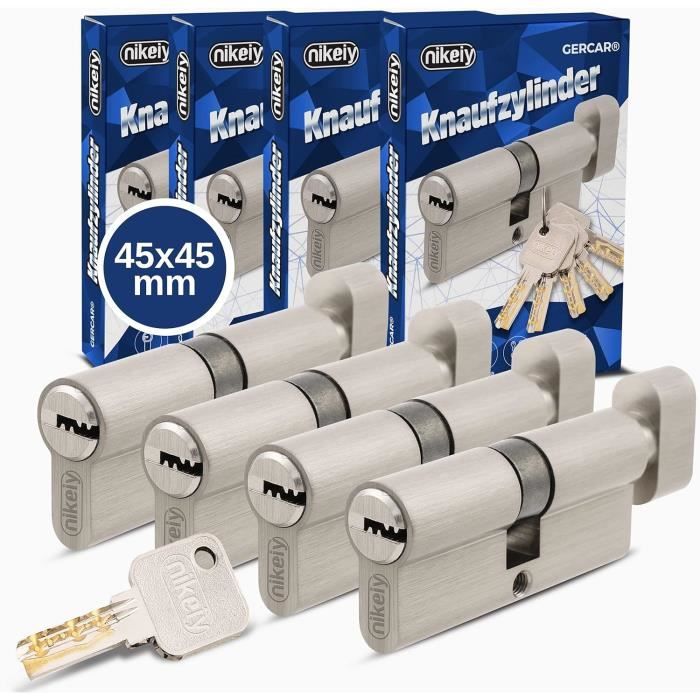 Lot de 4 cylindres de serrure à bouton - 45-45 Massifs Avec poignée En laiton nickelé mat Avec ...