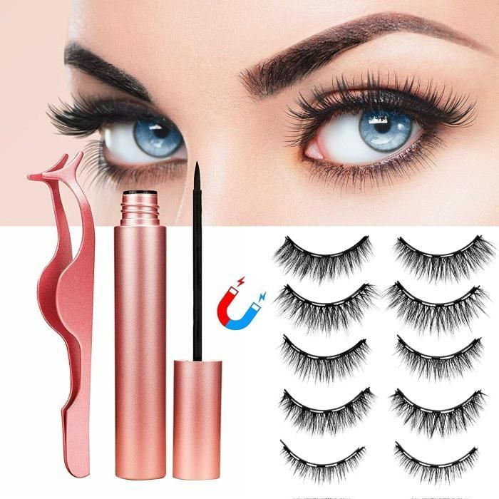 Faux Cils Magnetique Eyeliner Kit 5 Paires 3D Naturel Faux Cils avec 2pcs Eye liner Impermeable
