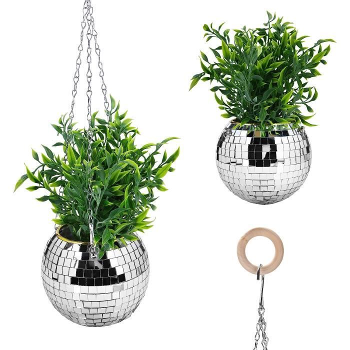 Holres Pot de fleurs rond à suspene en forme de boule disco - En macramé bohème - Avec chaînes ...