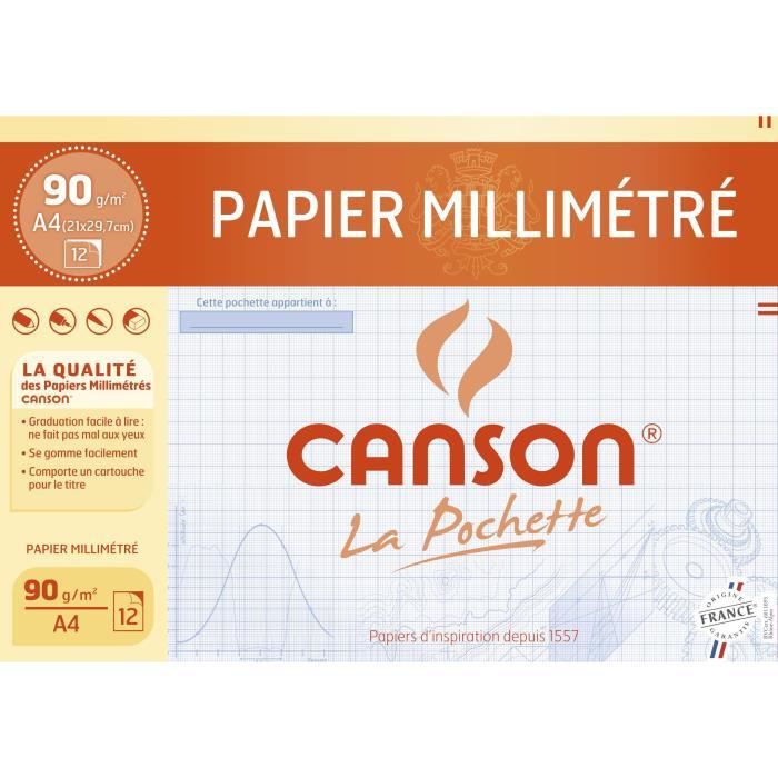 CANSON Pochette papier millimétré 12 feuilles A4 - 90 g - Bleu - Achat ...