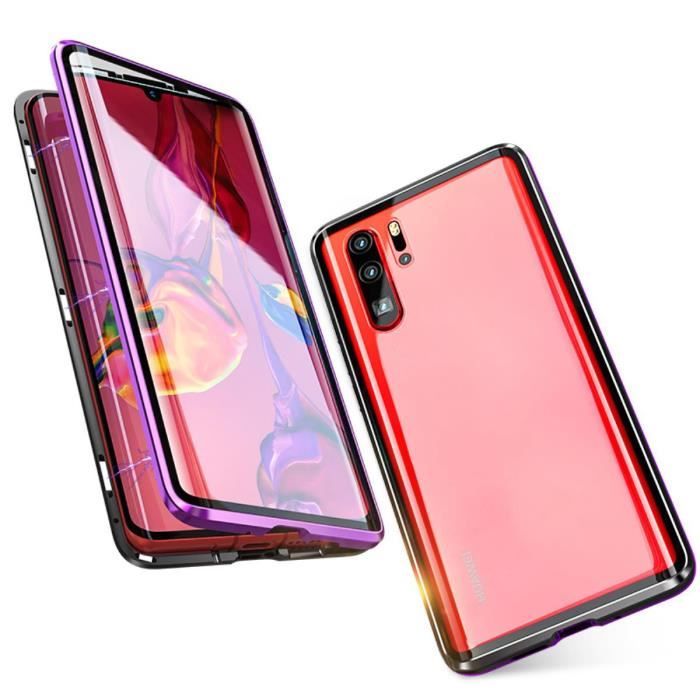 Huawei P30 Pro Coque Magnétique Cadre en Métal Verre Trempé Coque de ...