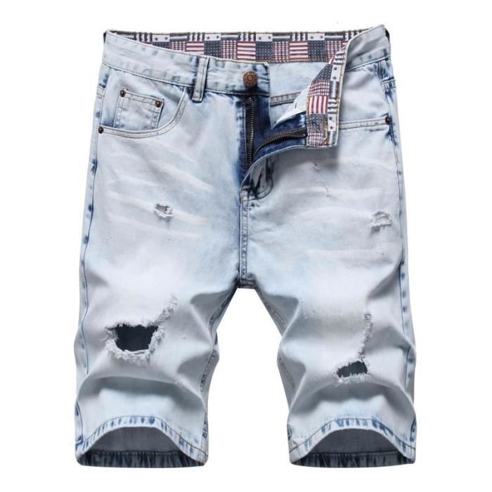 Short en Jean Homme Dechiré Coupe Droite Bermuda Fashion 5 Poches Effet ...