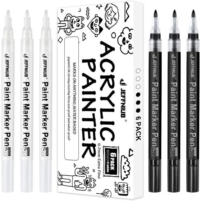 JEFFB Feutre Acrylique Noir et Blanc Pointe Fine, 6 Stylo de Peinture ...