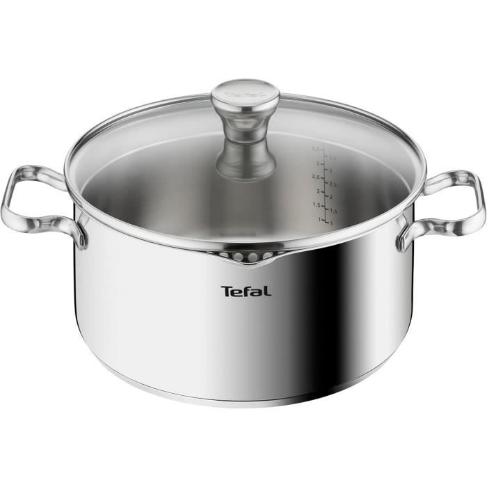 Faitout - TEFAL - Duetto A7054663 - 24 cm - Acier inoxydable 18/10 - Couvercle filtrant en verre ...