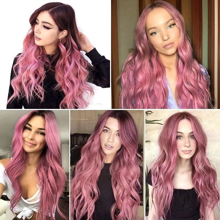 Perruque Rose Ombre Longue Ondulée Pour Femme, Cheveux Bouclés Naturels ...