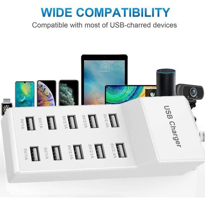 Charguer USB Multiple, 40W Station de Charge USB, 10-Port USB Adaptateu Secteur, Alimentation ...