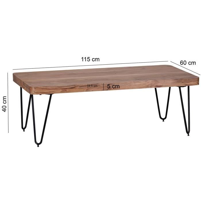 WOHNLING Table basse design en bois massif Acacia table basse 115 x 60 ...