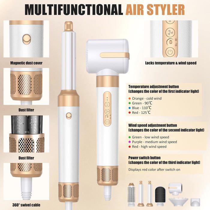 Peigne sèche-cheveux 7 en 1, outil de coiffage à air avec fonction ...