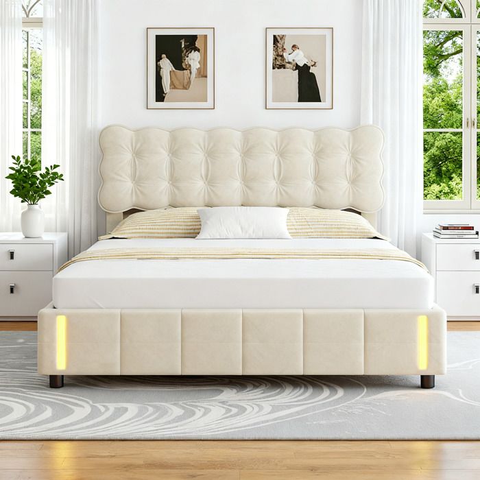 Lit 2 Personne 160x200 cm avec rangement, Lit coffre avec LED, Lit ...