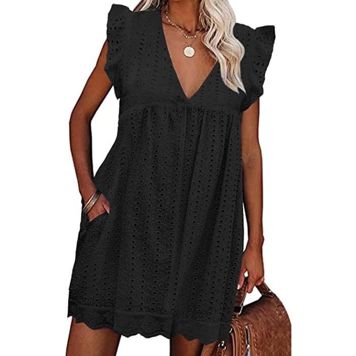 Robe Femme Ete Robe Courte avec Poches Robe Boheme Chic et Elegant Robe de Plage Col V Robe ...