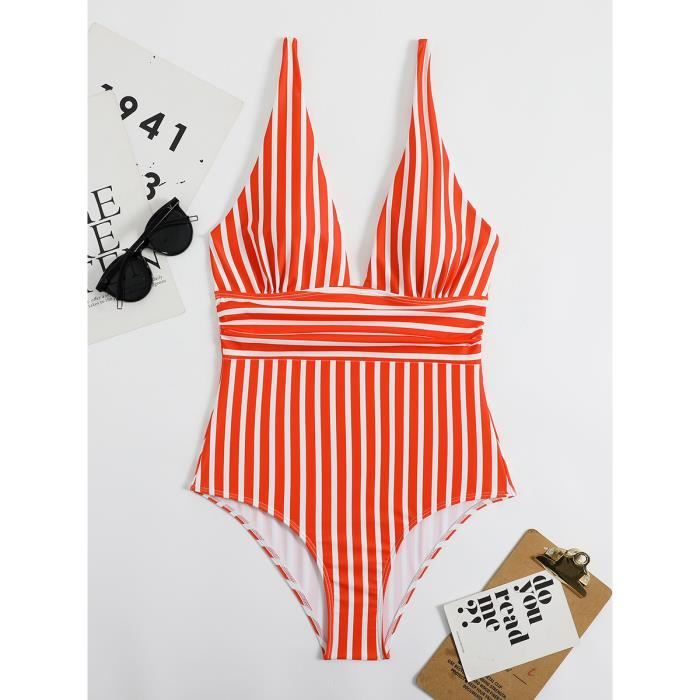 Maillot de bain pièce rayé col V - Rouge - Femme Rouge - Cdiscount Prêt ...
