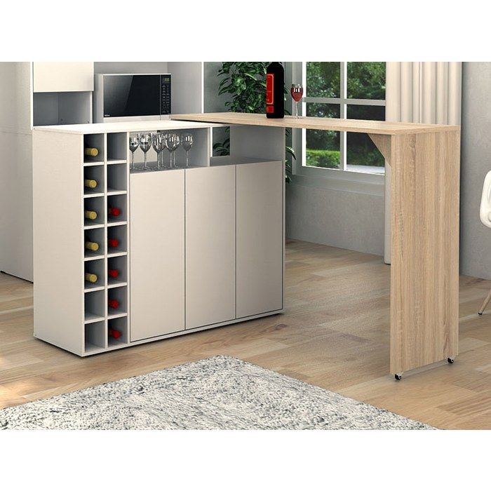 Meuble de bar pivotant avec rangements - Blanc et Naturel - VINALO ...