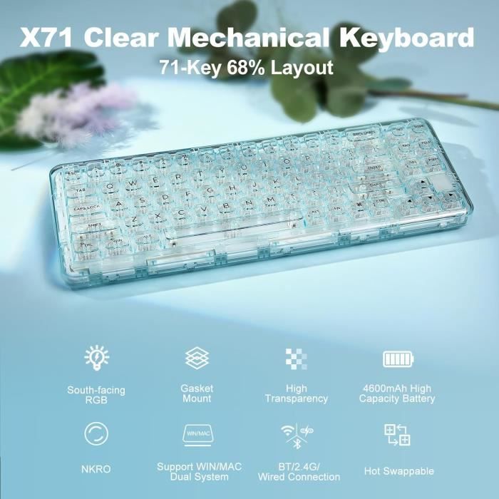 X71 Clavier Mécanique Transparent Avec Touches Transparentes, Bt5.0-2 ...