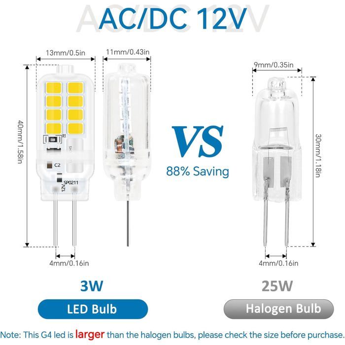 Ampoule LED G4 12V-KAL-G4 12V 3W,Non Dimmable,300Lm,Blanc Neutre 4000K,Équivalent 25W,Lot de 6 ...