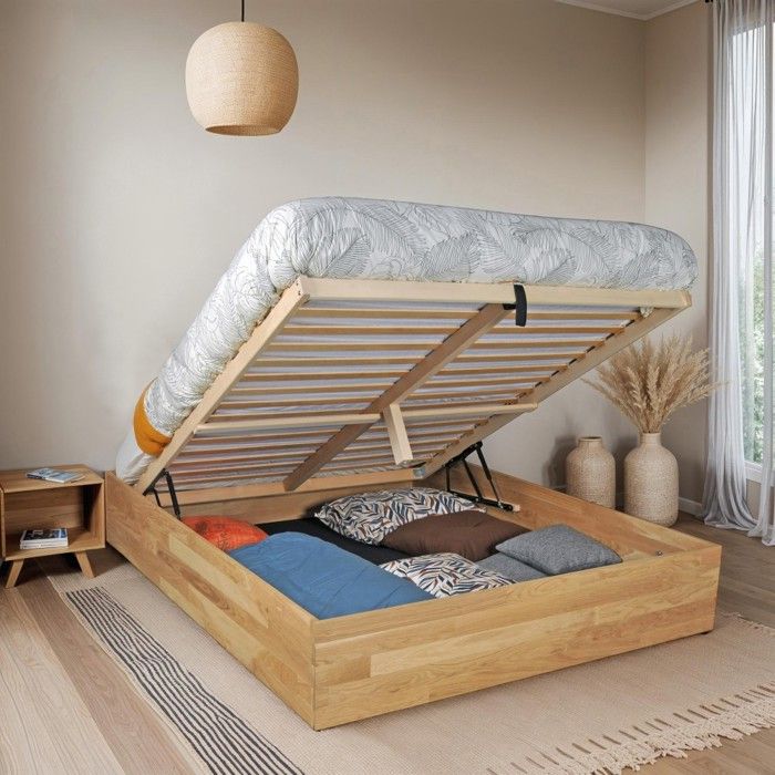 Lit coffre 160x200cm BEN + sommier/ Chêne massif huilé - Cdiscount Maison