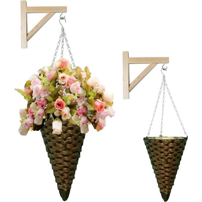 Lot De 2 Pots De Fleurs En Osier Avec Support En Bois Marron[H7917 ...